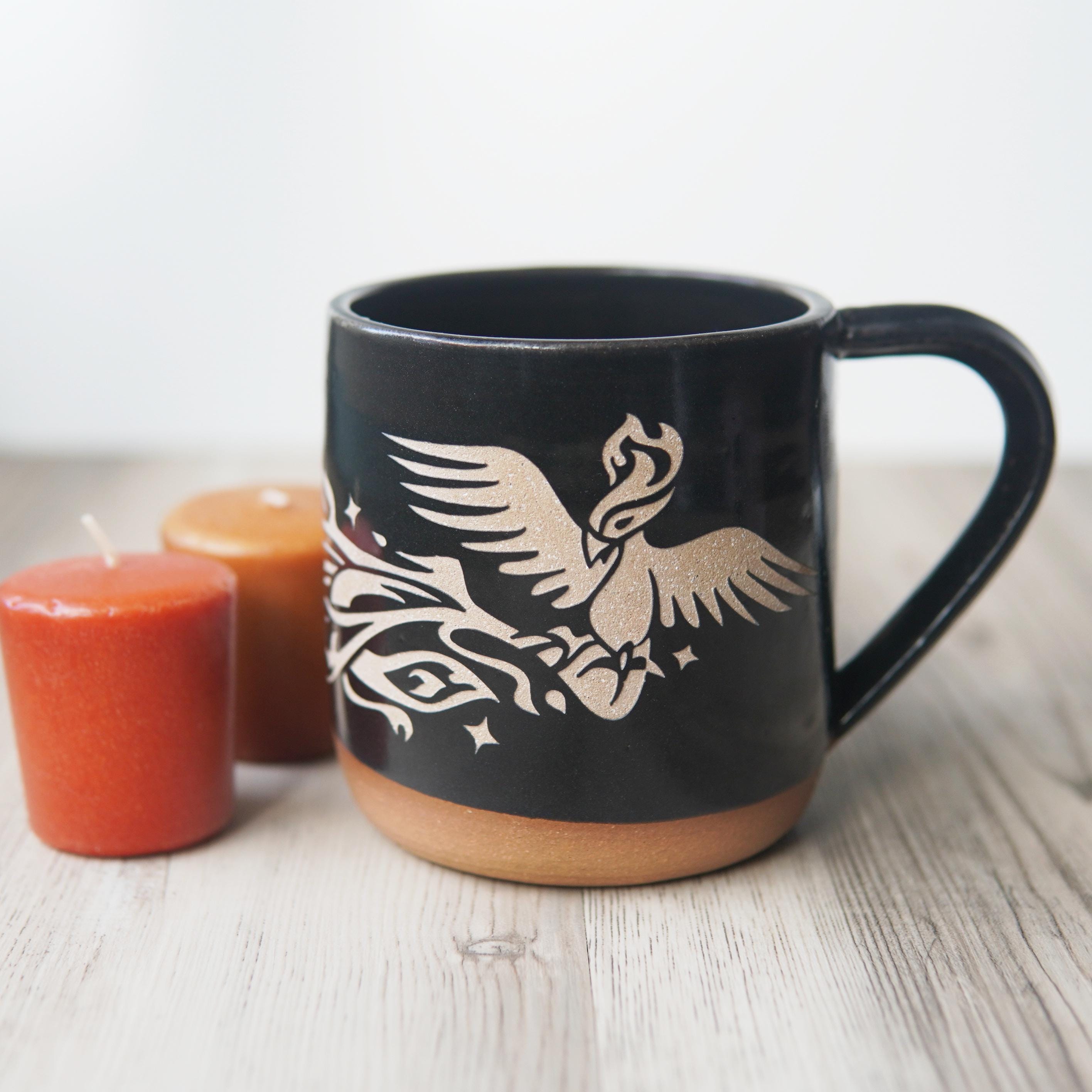 Phoenix Mug - Flaming Bird of Renewal Engraved Rustic Pottery - Etsy