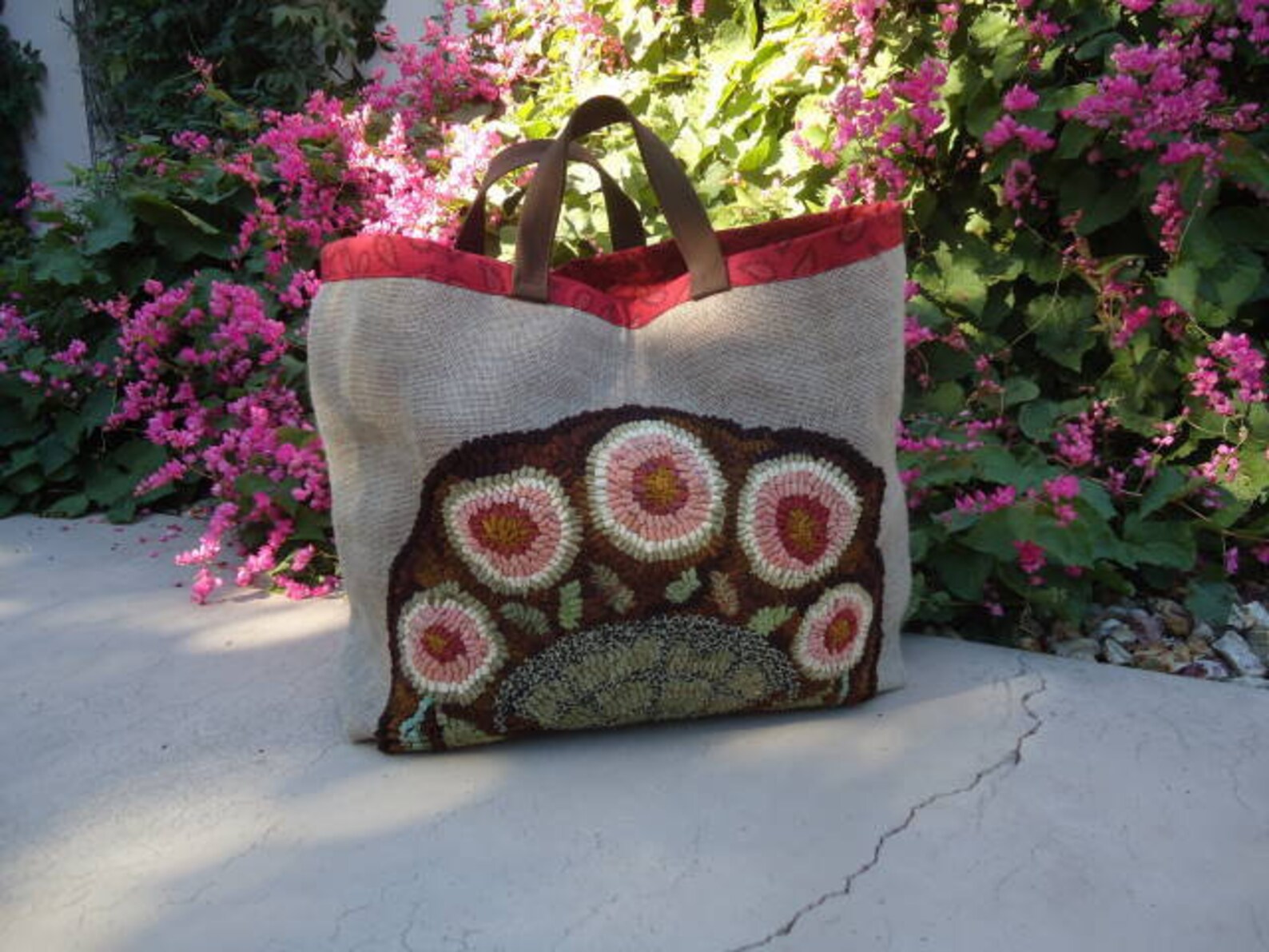 Hooked Rug Tote Bag on Linen With Minick and Kaffe Lining,vintage Roses ...