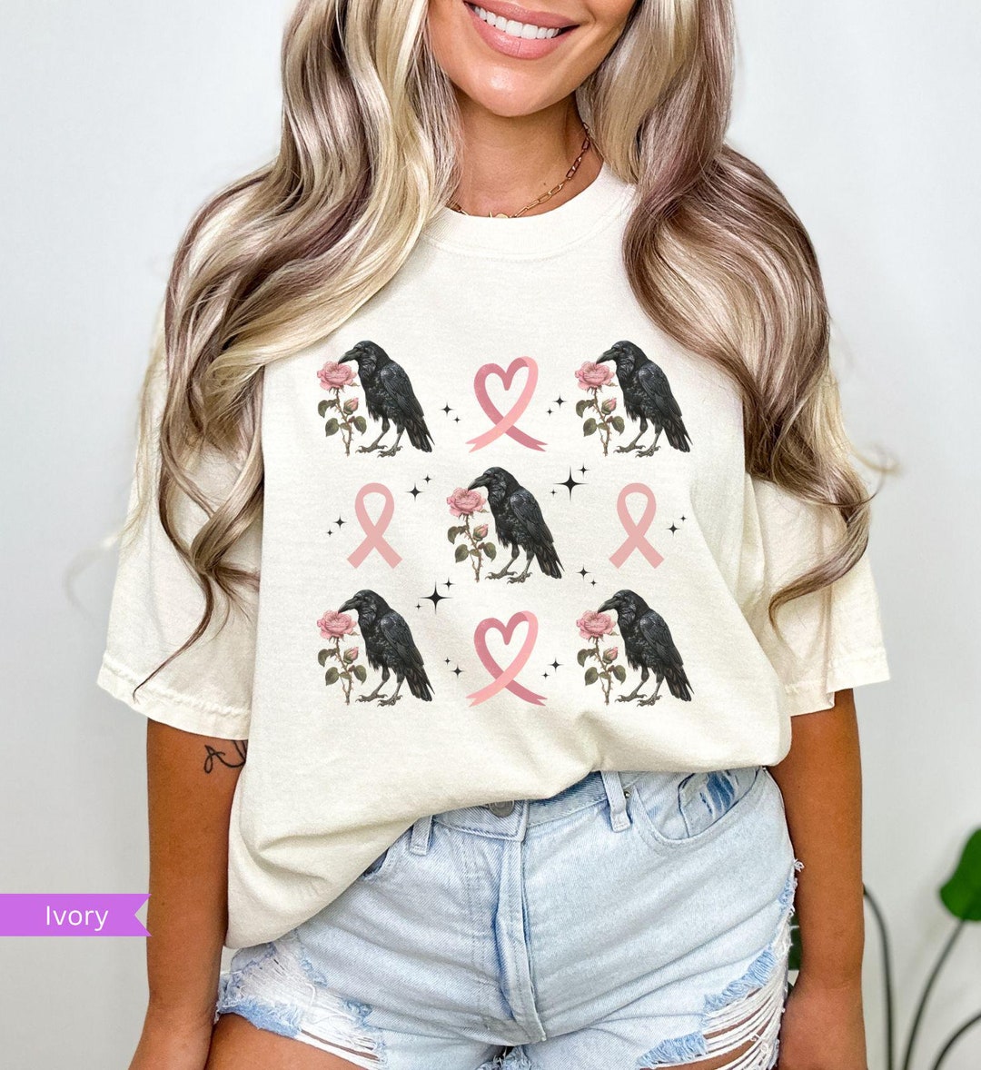 Breast Cancer Crow Shirt, Pink Ribbon Comfort Colors Tshirt, Crowcore ...