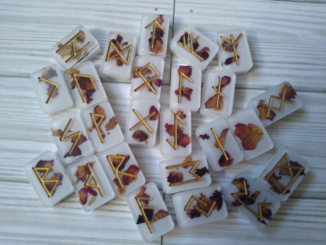 White Resin Rune Set With Roses. Beautiful 25 Piece Set. Elder Futhark ...