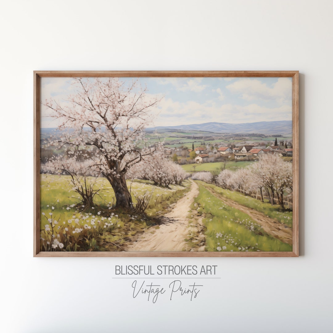 Orchard in Bloom, Printable Vintage Landscape, Intricate Detail Oil ...