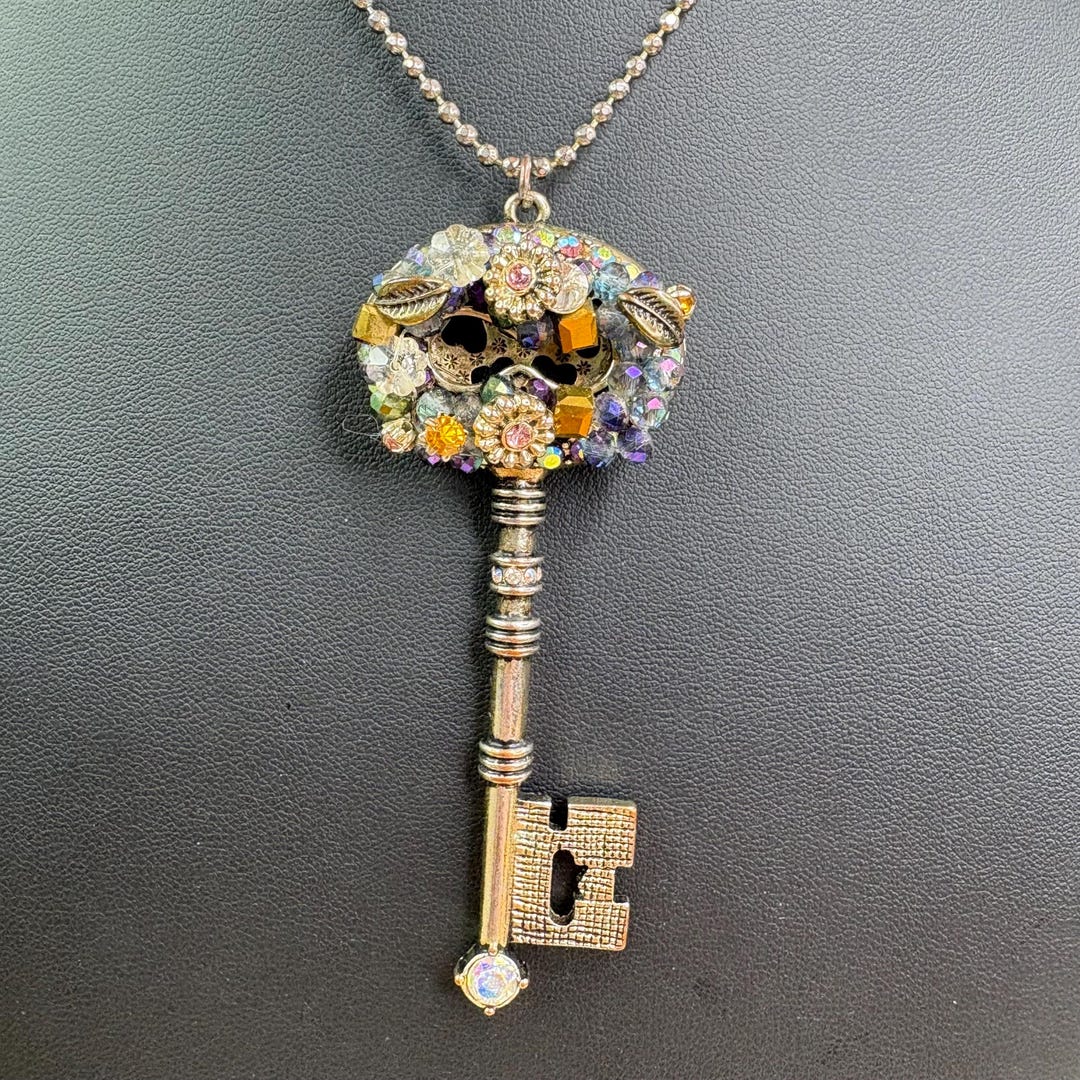Vintage Betsey Johnson Large Chunky Embellished Bling Key Pendant Long ...