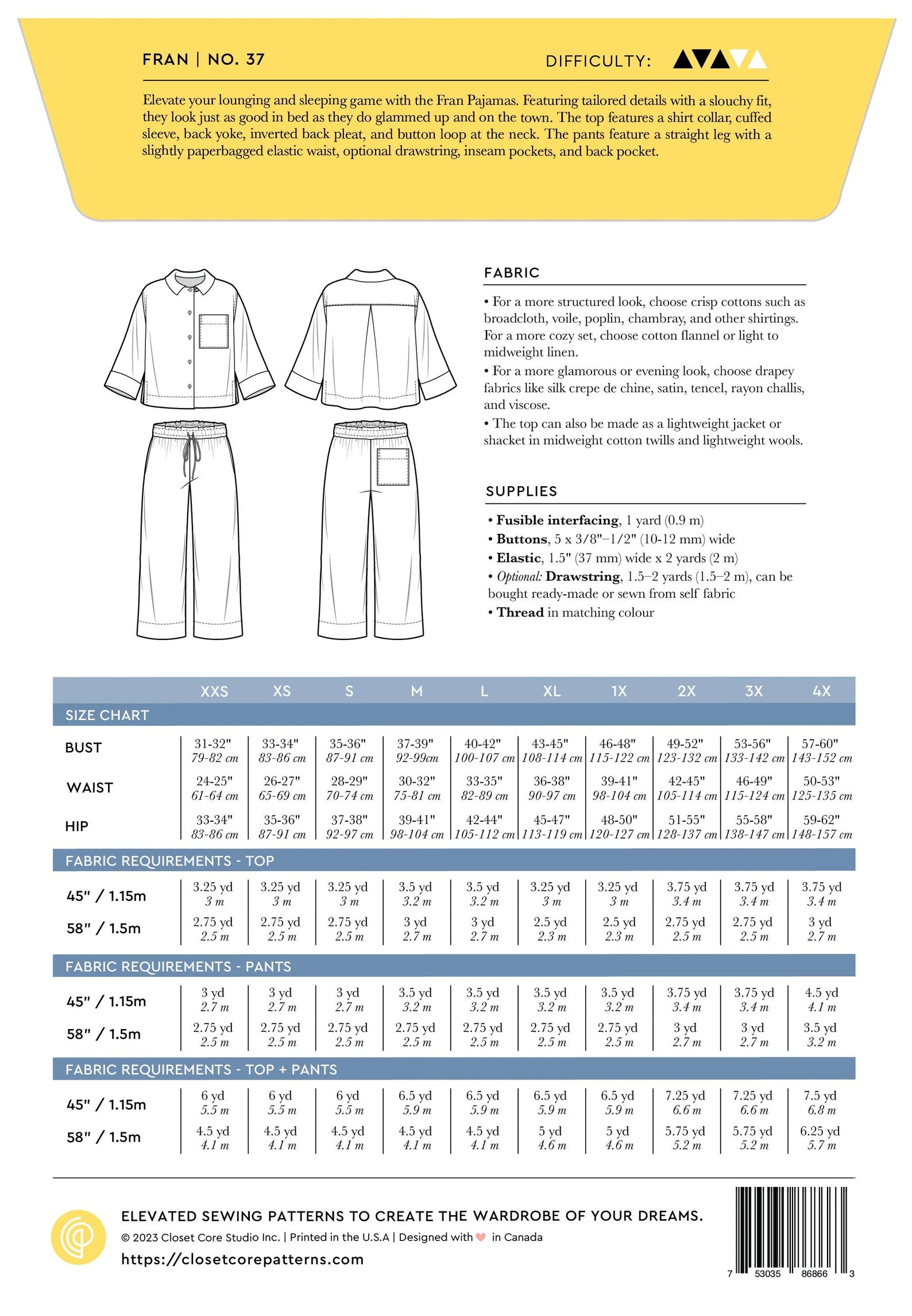 Closet Core / Printed Sewing Pattern / Fran Pajamas Set - Etsy