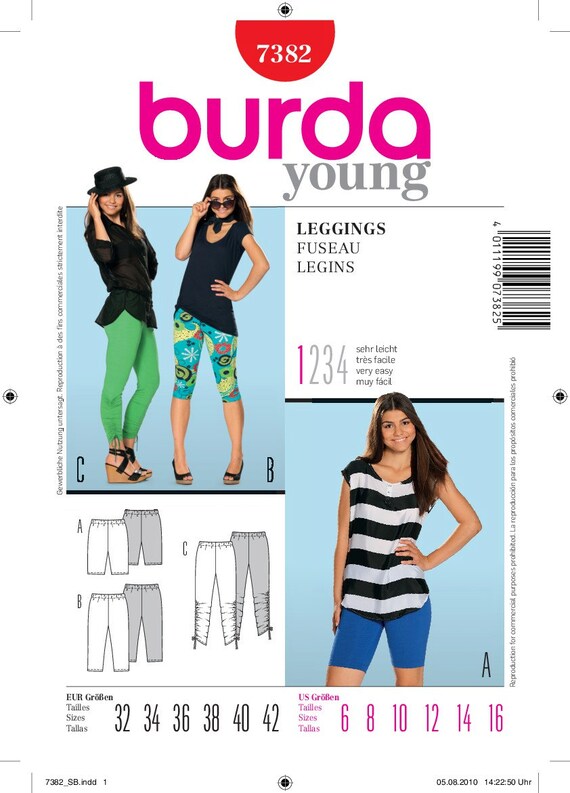Items similar to Burda Style Sewing PATTERN - 7382 Leggings - Sz 6 - 16 ...