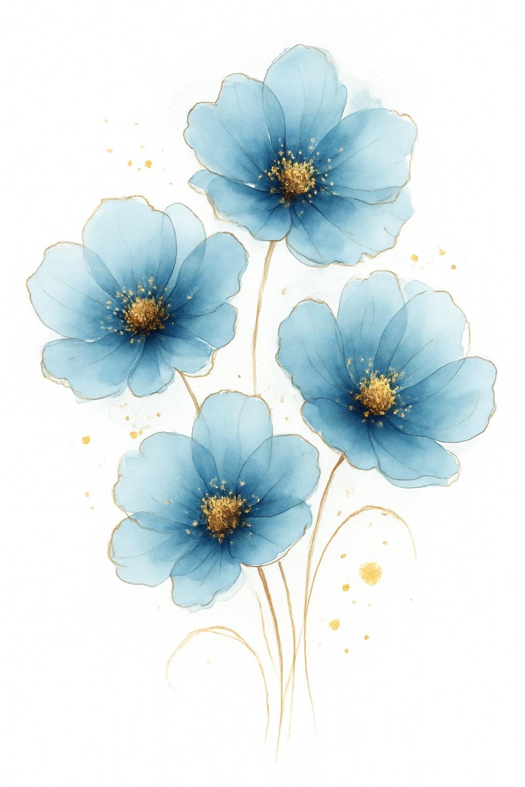 Blue and Gold Watercolor Flower Art Elegant Botanical Wall Decor ...