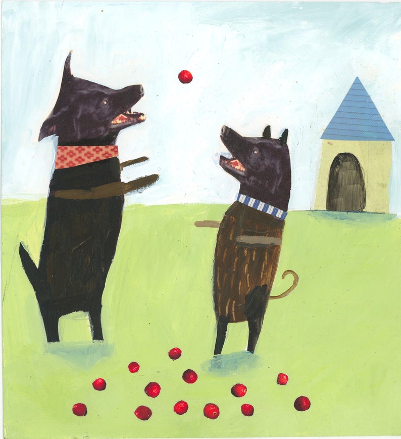 Original Art Collage Painting on Paper Dog Play Bones - Etsy