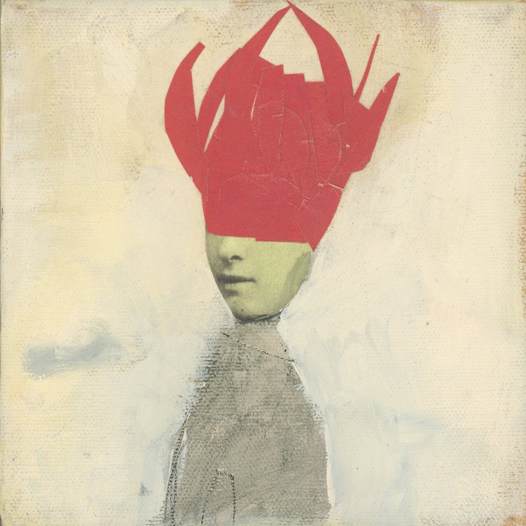 Original Art 6" Collage Painting Mixed Media Poetic Face Surreal Small ...