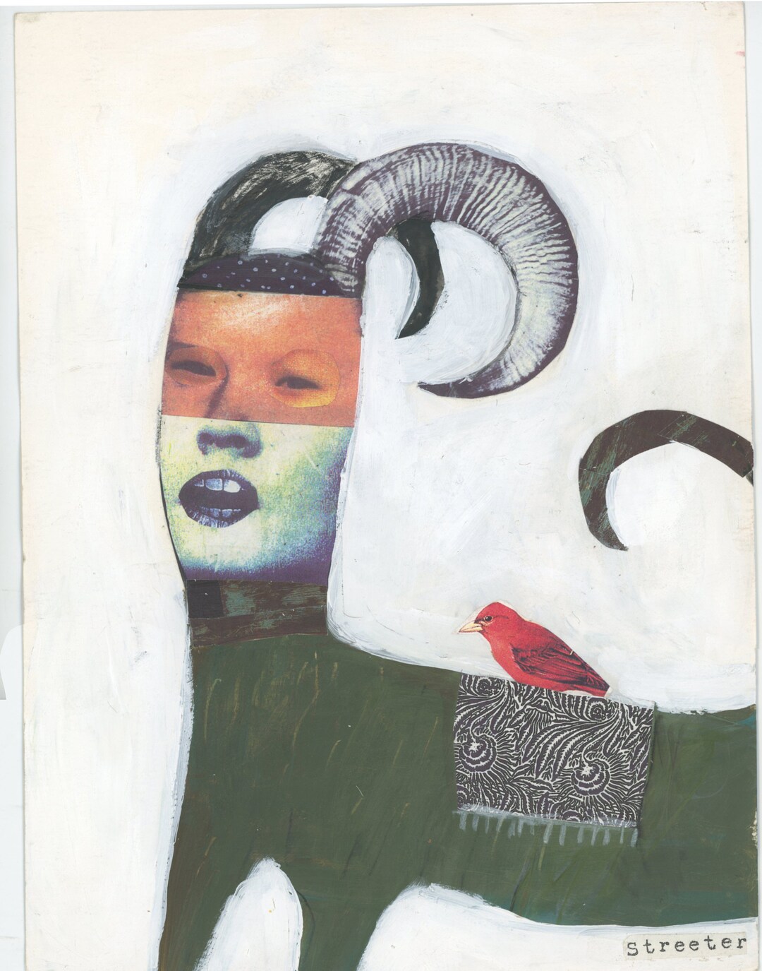 Original Art 9x12 Collage Painting on Paper, Horns, Bird, Cardinal ...