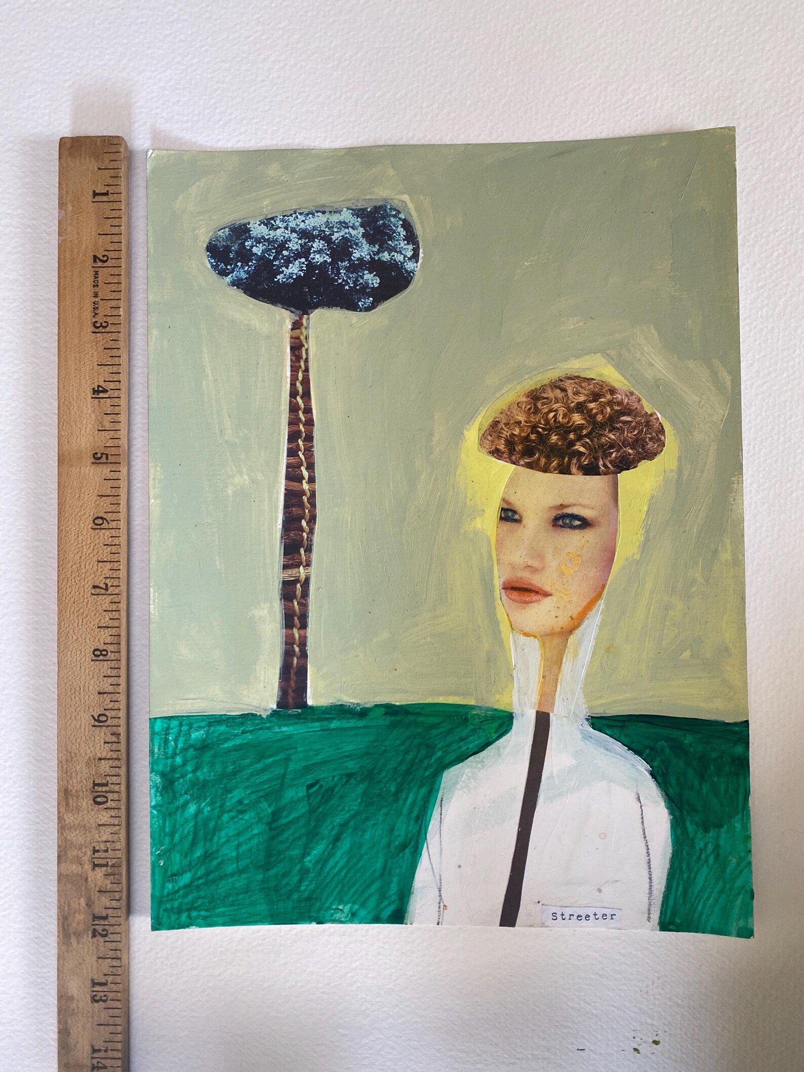 Original Art 9" X 12" Collage Painting on Paper Figure Tree Hair - Etsy