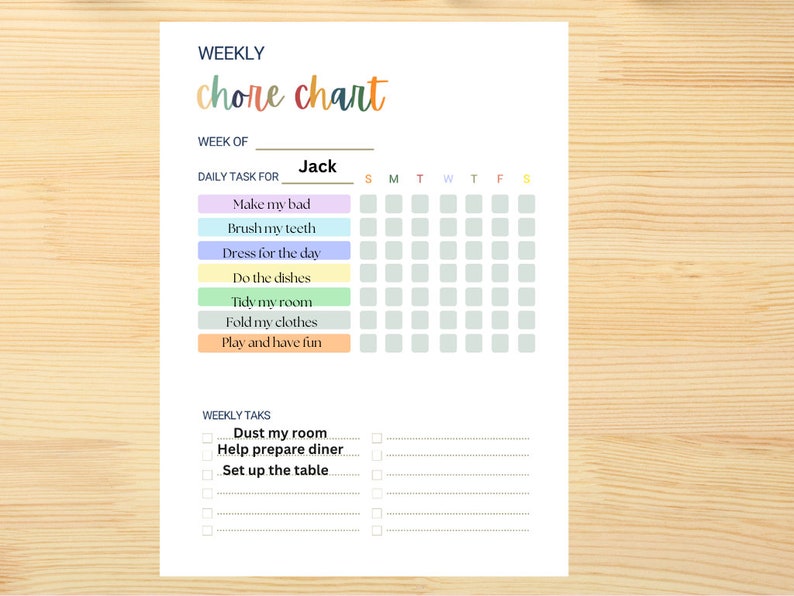 Chore Chart, Printable Editable Daily & Weekly Kids Chore ...