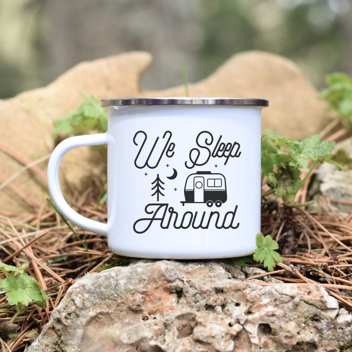 Funny Enamel Camping Mug, Funny RV Camping Mug, We Sleep Around Mug ...