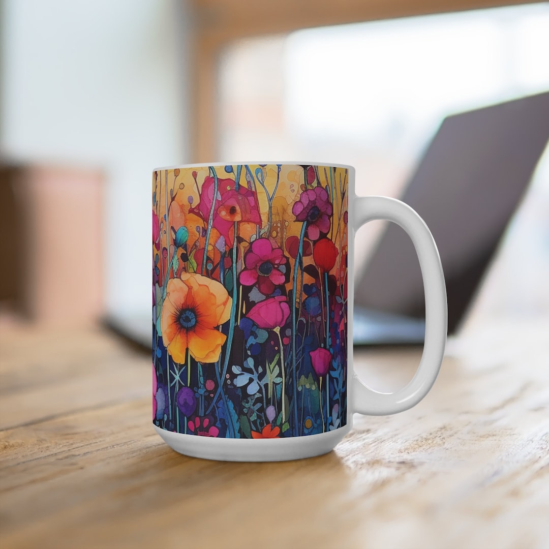 Watercolor Flowers Coffee Mug, Jewel Toned Flowers Coffee Mug, 15oz ...