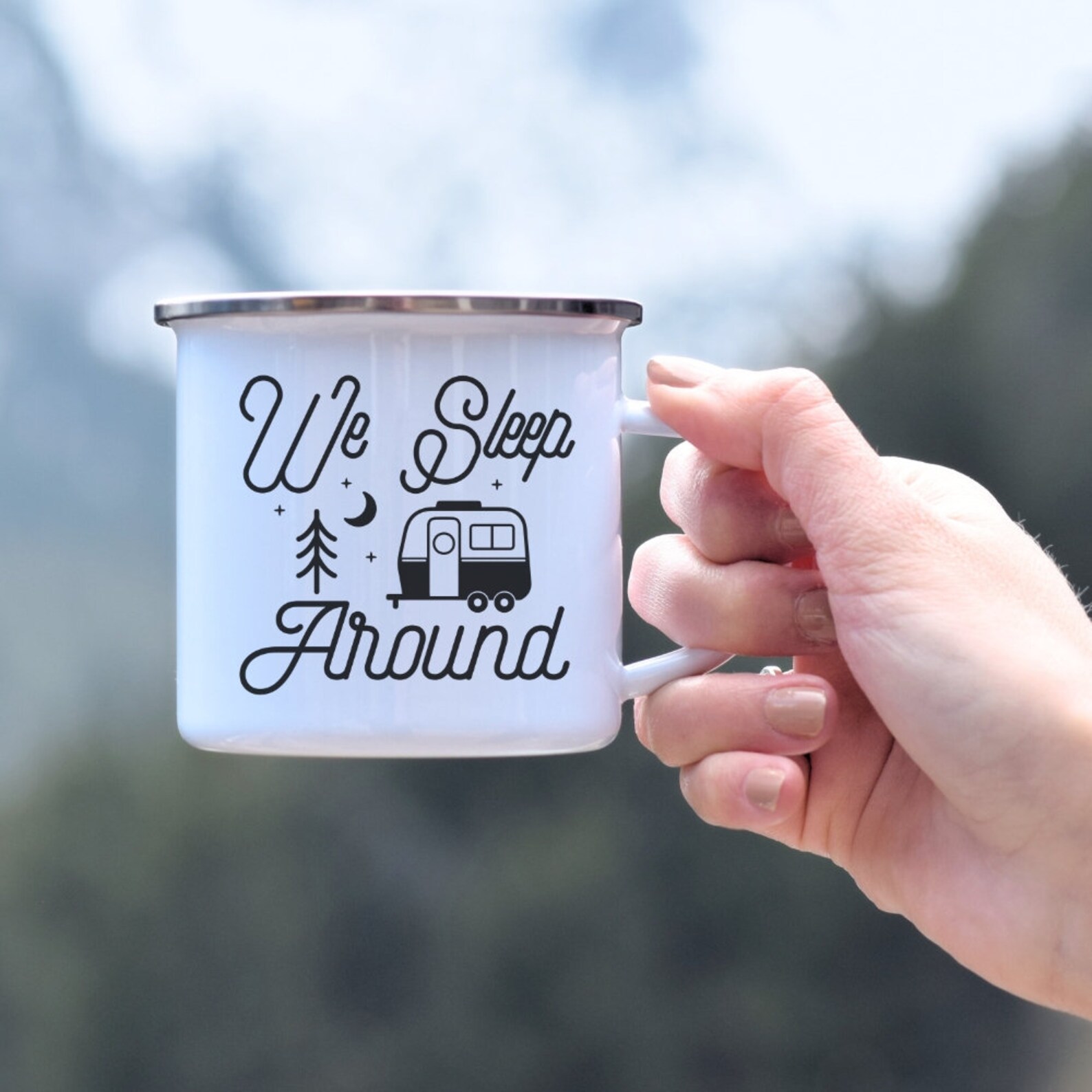 Funny Enamel Camping Mug, Funny RV Camping Mug, We Sleep Around Mug ...