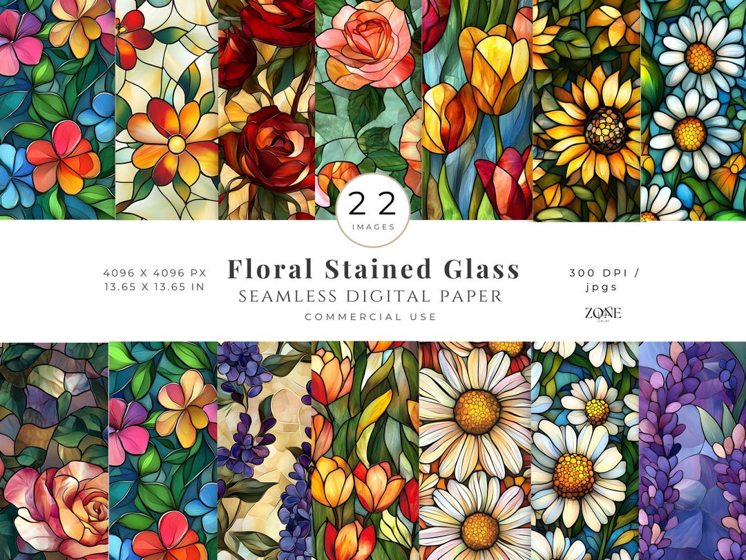 Flower Stained Glass Digital Paper, Floral Faux Stained Glass Art for ...