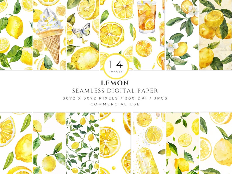 Watercolor Lemon Digital Paper Seamless Pattern, Lemon Print Collection ...
