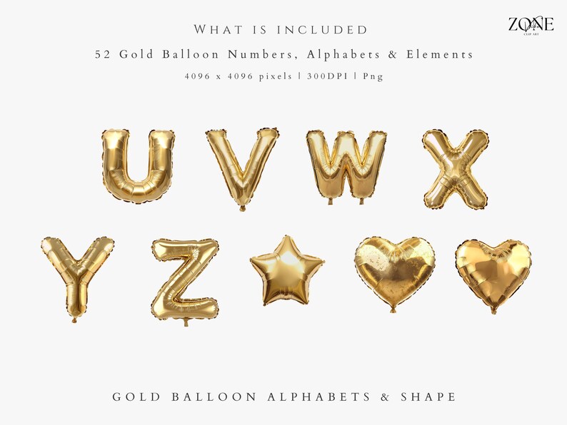 Gold Foil Balloons Numbers and Alphabet Clipart Party Bundle for ...