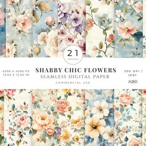 Shabby Chic Flowers Digital Papers, Vintage Floral Fabric, Printable ...