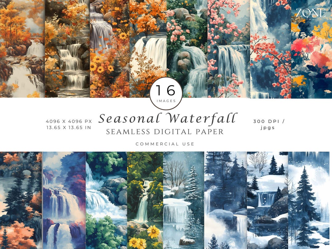 4 Season Waterfall Scenes Digital Paper, Nature Mountains Waterfall ...