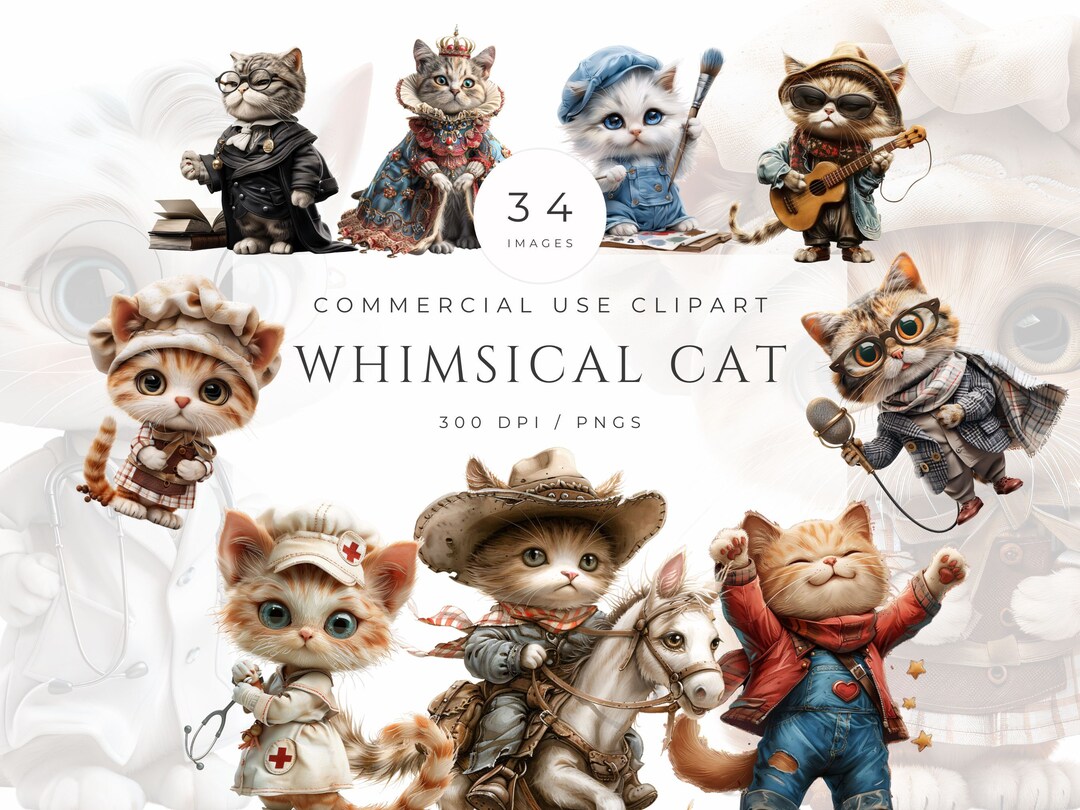 Funny Cat Clipart, Whimsical Career Cats PNG, Cartoon Graphics for T ...