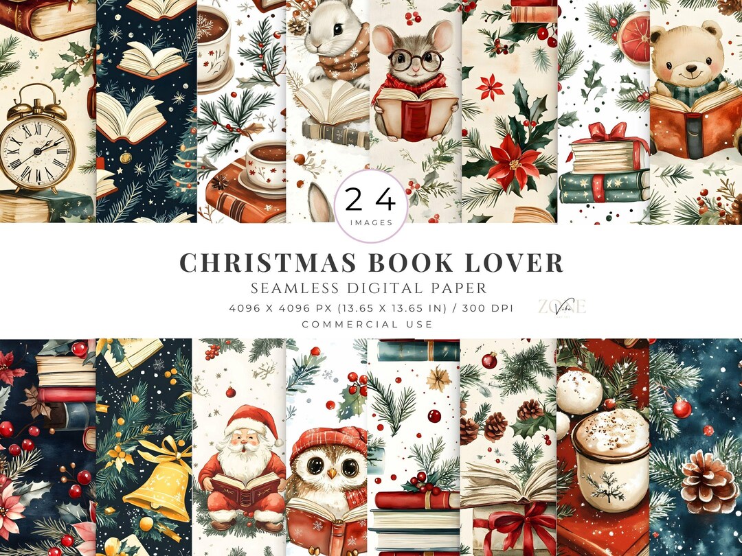 Christmas Books Digital Paper Pack, Holiday Gift for Book Lover, Book ...