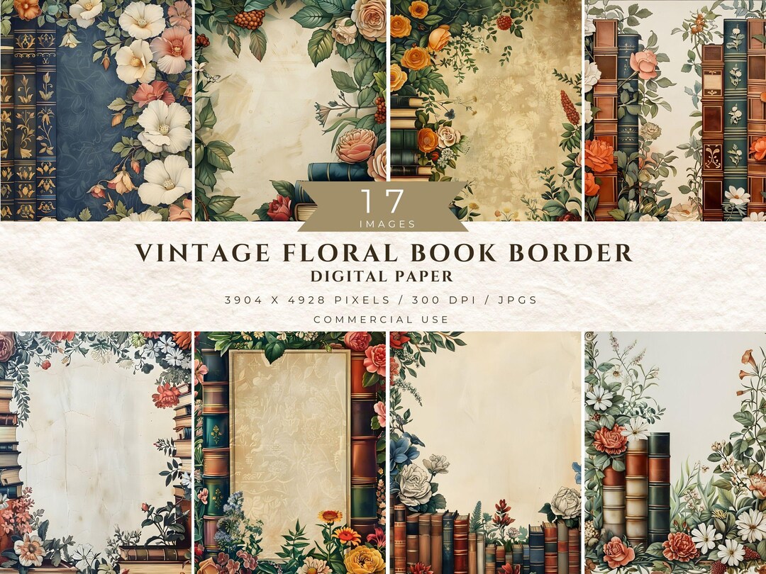 Book Border Digital Papers, Vintage Floral Book Scrapbooking for Book ...