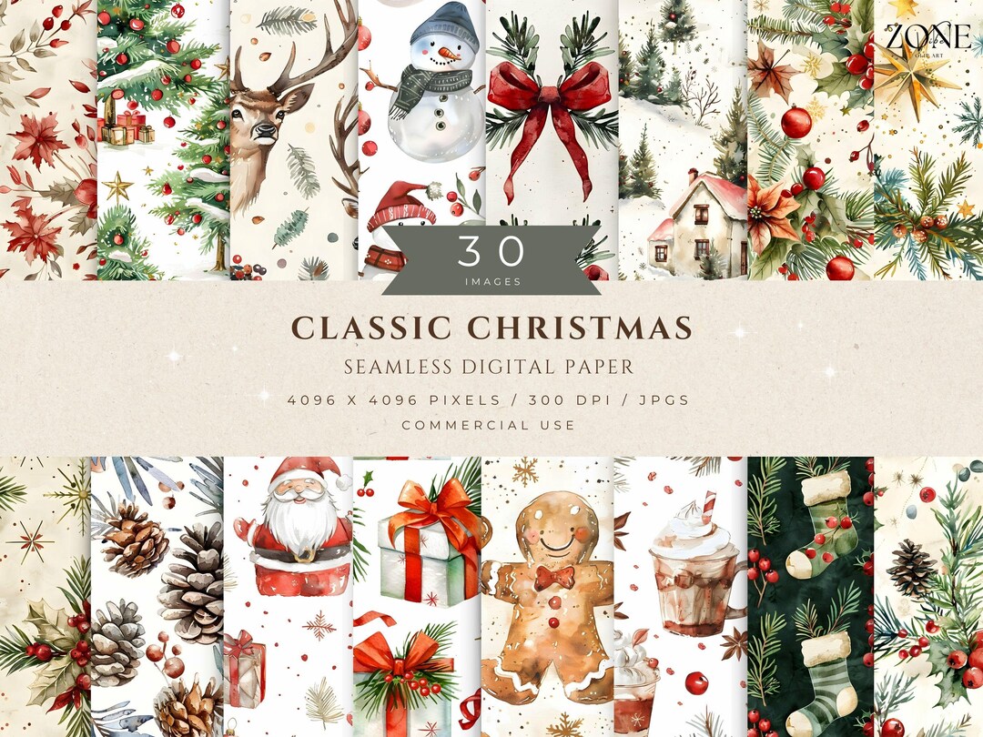 Watercolor Christmas Digital Paper Traditional Christmas Ephemera, Xmas ...