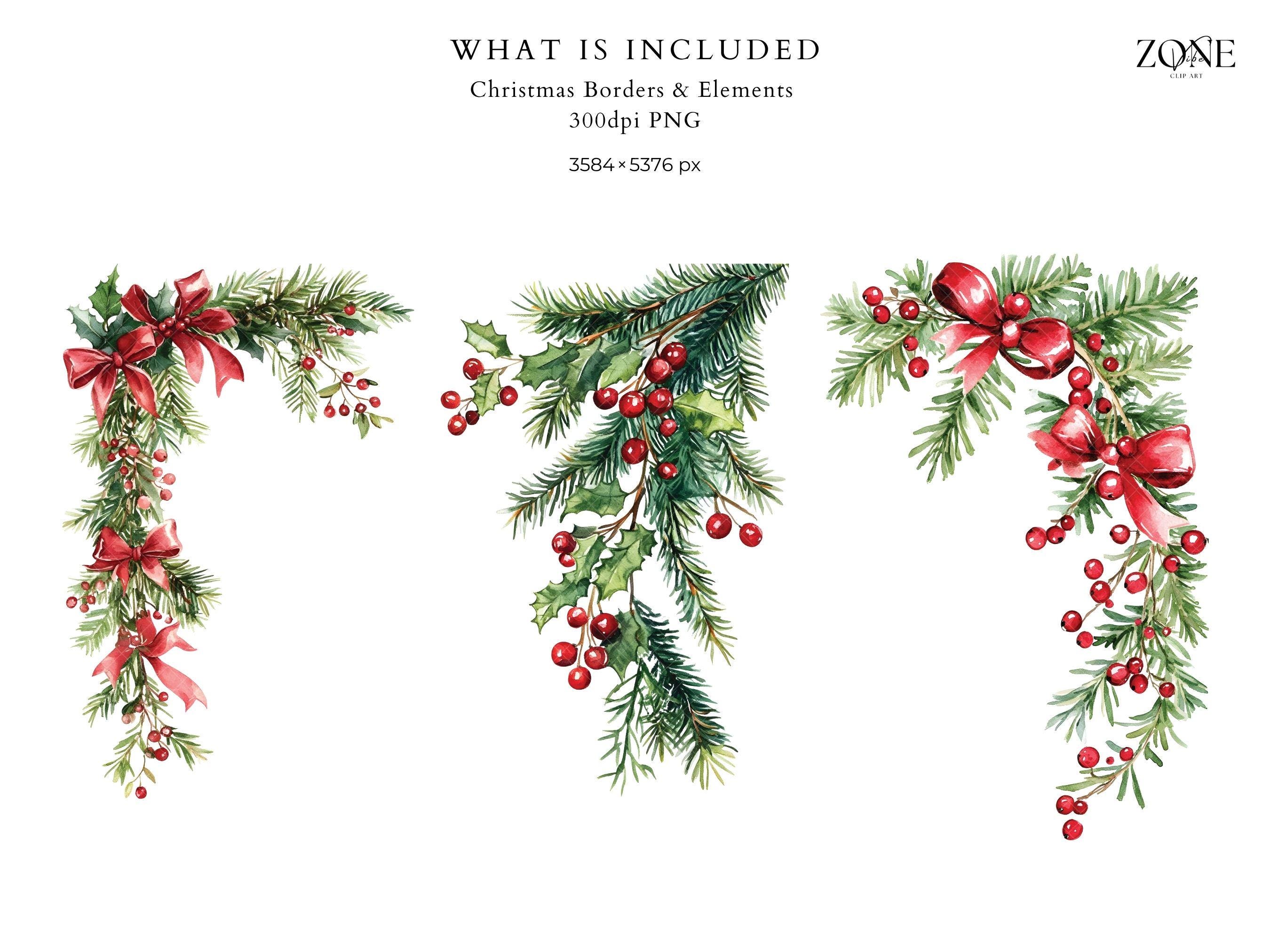 Christmas Garland Border Clipart Art, Xmas Frame Png, Red Bow, DIY ...