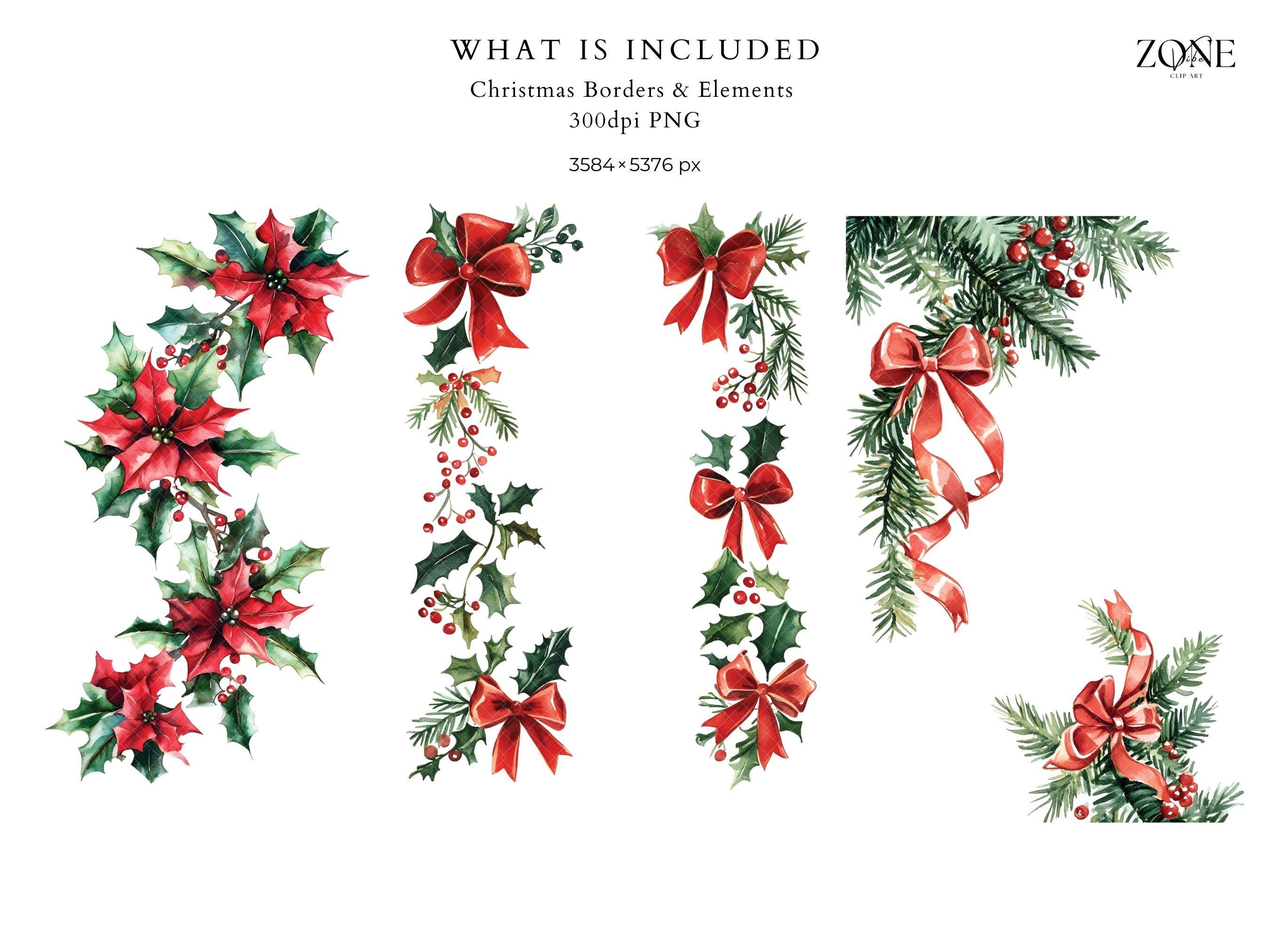 Christmas Garland Border Clipart Art, Xmas Frame Png, Red Bow, DIY ...