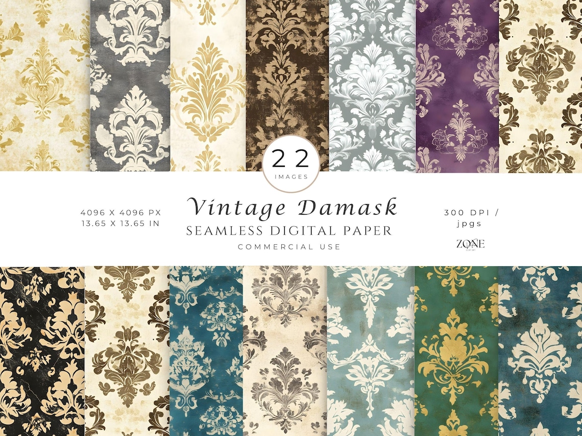 Vintage Damask Digital Paper, Brocade Damask Fabric Design, Rustic ...