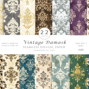 Vintage Damask Digital Paper, Brocade Damask Fabric Design, Rustic ...