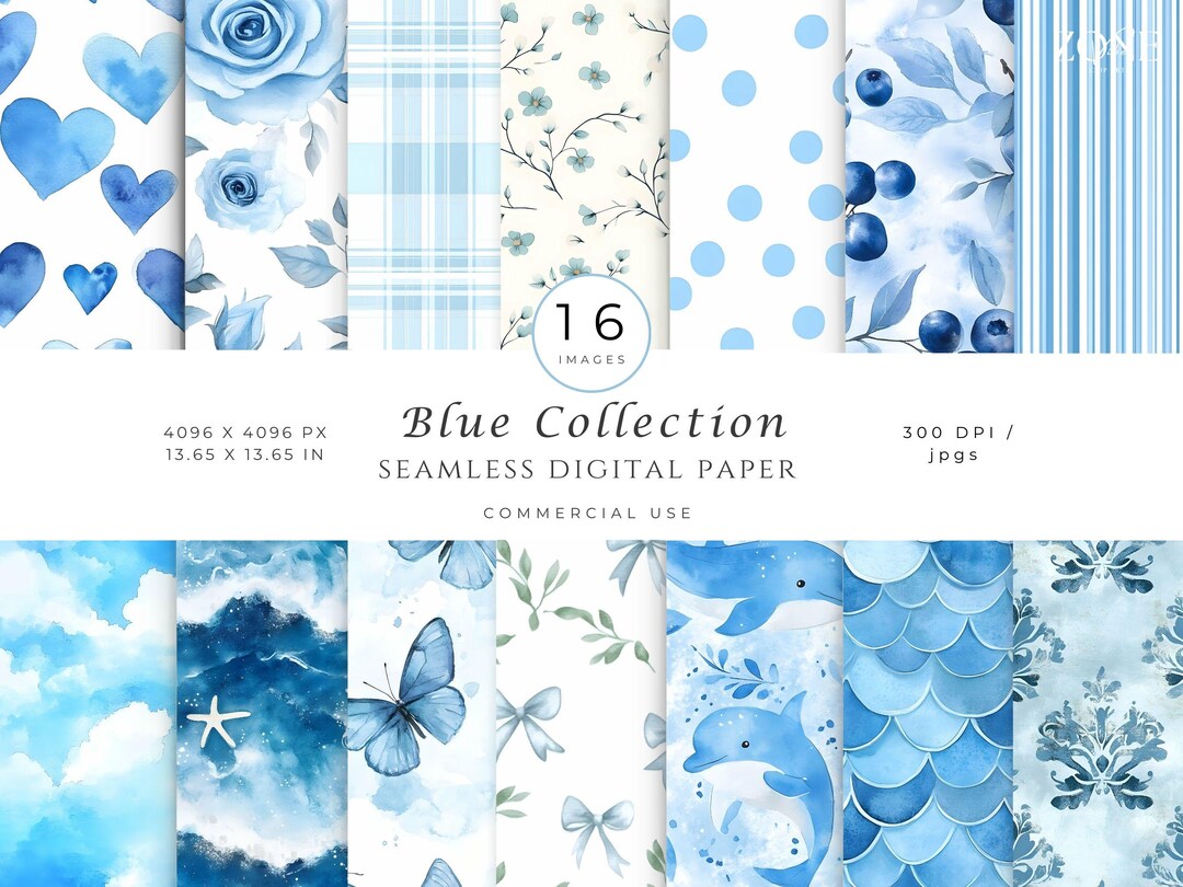 Watercolor Blue Digital Papers Collection, Ocean Pattern, Rose, Stripes ...