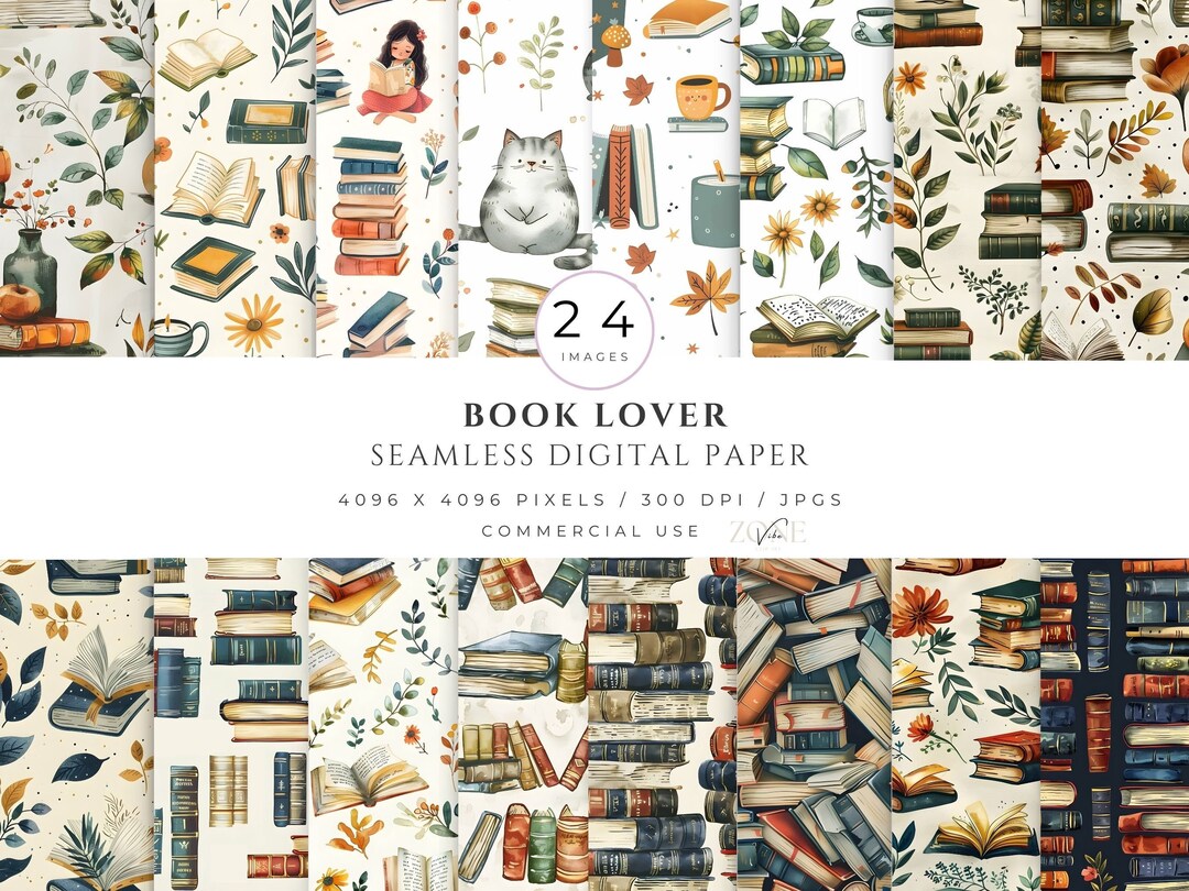 Books Digital Paper Pack Seamless Pattern Book Lovers Paper Crafting ...