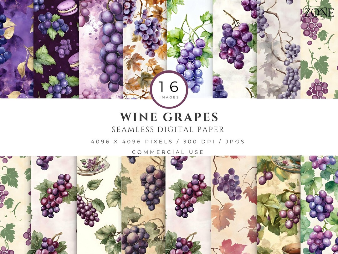 Wine Grapes Digital Paper, Purple Grapes and Vines Print, Summer Fruit ...