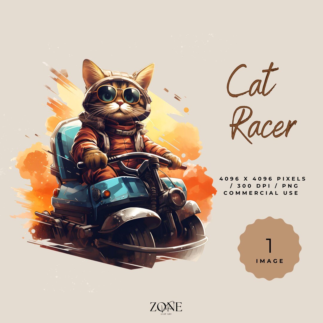 Cool Cat Racer Clipart, Cat Racing Car Png for Wall Art, DIY Cat Lover ...