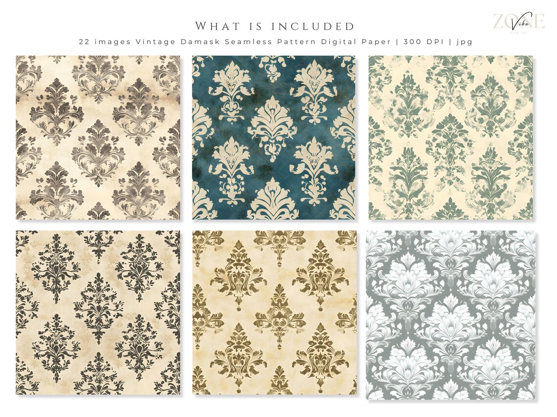 Vintage Damask Digital Paper, Brocade Damask Fabric Design, Rustic ...