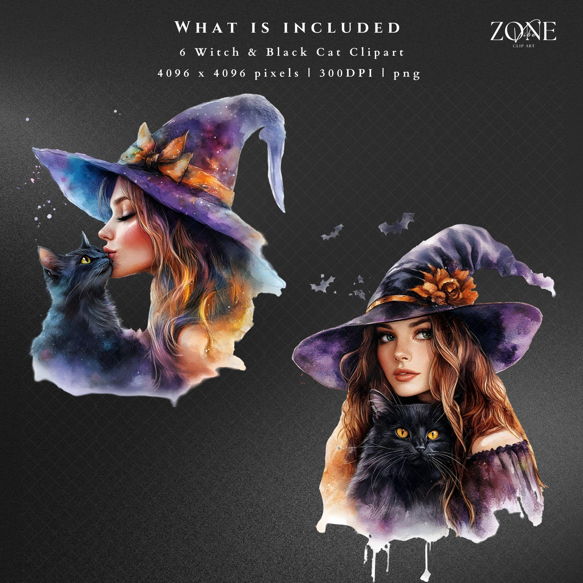 Mystical Witch and Black Cat Watercolor Clipart for Witch Journal ...