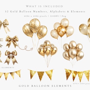 Gold Foil Balloons Numbers and Alphabet Clipart Party Bundle for ...