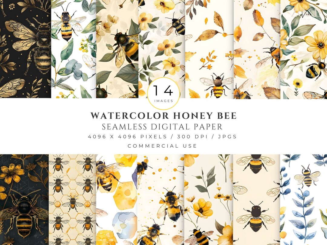 Watercolor Bee Digital Paper Seamless Pattern Printable Bee Theme ...