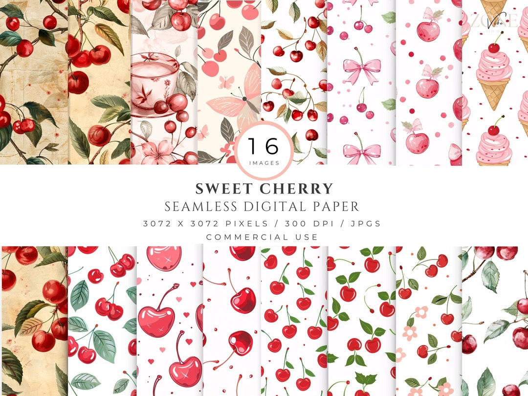 Cute Cherry Digital Paper Seamless Pattern Sweet Cherries Print ...