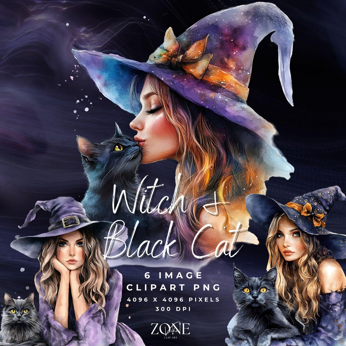 Mystical Witch and Black Cat Watercolor Clipart for Witch Journal ...