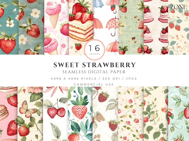 Sweet Strawberry Digital Paper Seamless Pattern | Cute Summer Fruit ...