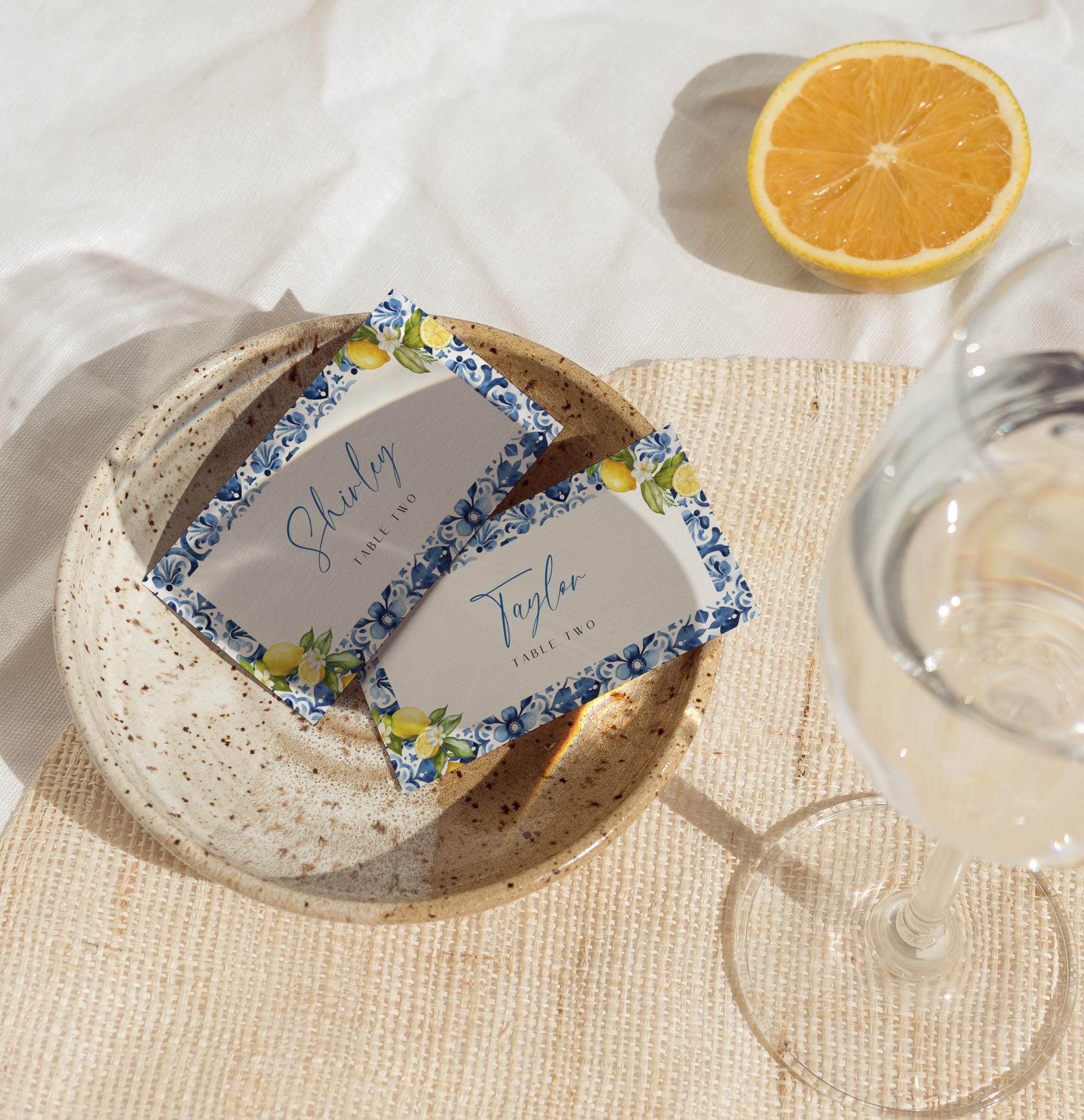Lemon Place Cards Template, Mediterranean Blue Tile Wedding Name Cards ...