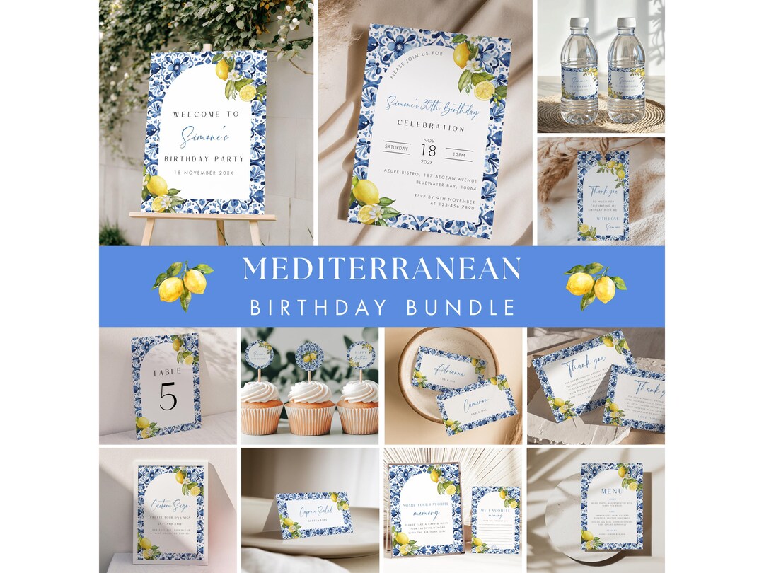 Editable Mediterranean Lemon Birthday Bundle, Blue Tiles Italian Party ...