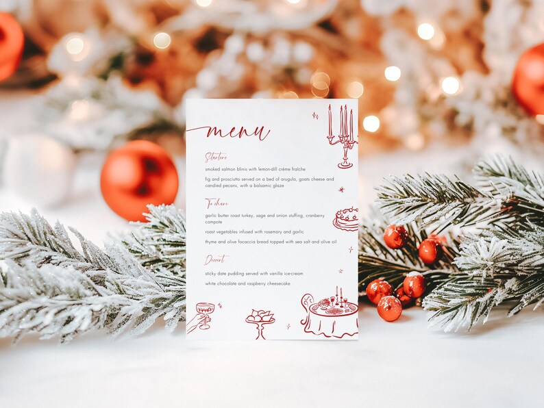 Christmas Menu Template, Hand Drawn Whimsical Holiday Menu, Editable ...
