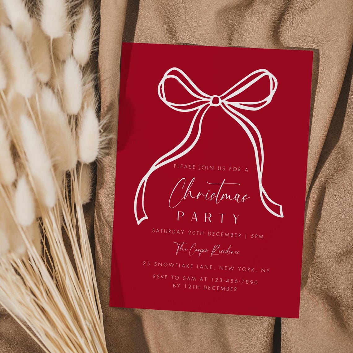 Red Bow Christmas Party Invitation Template, Editable Holiday Party ...