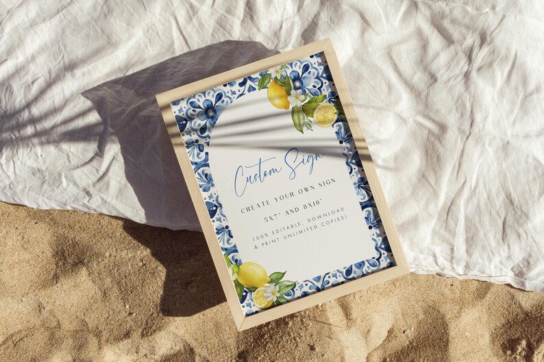 Editable Mediterranean Blue Tile Lemon Custom Sign Template, Amalfi ...