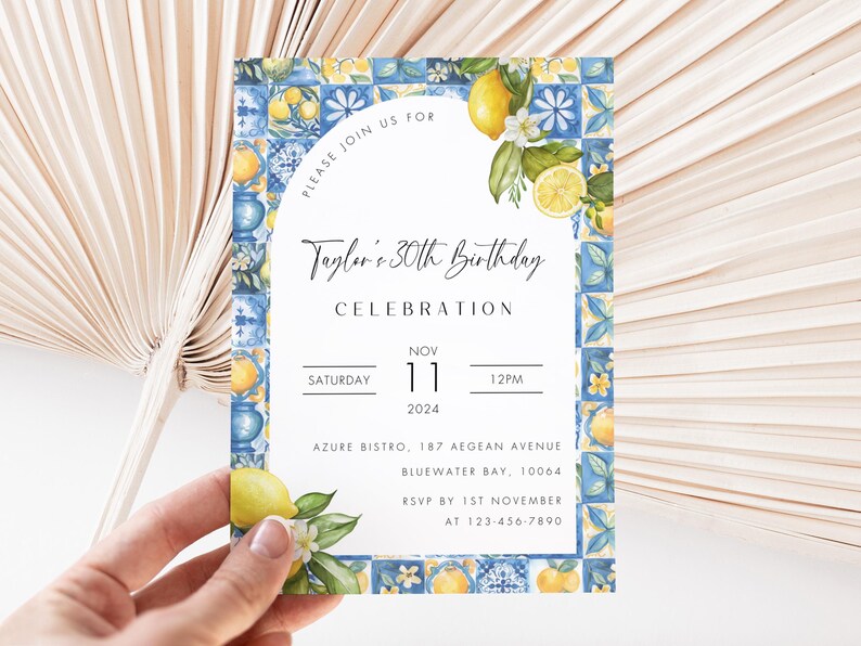 Editable Mediterranean Birthday Invitation, Citrus Lemon, Blue Tile ...