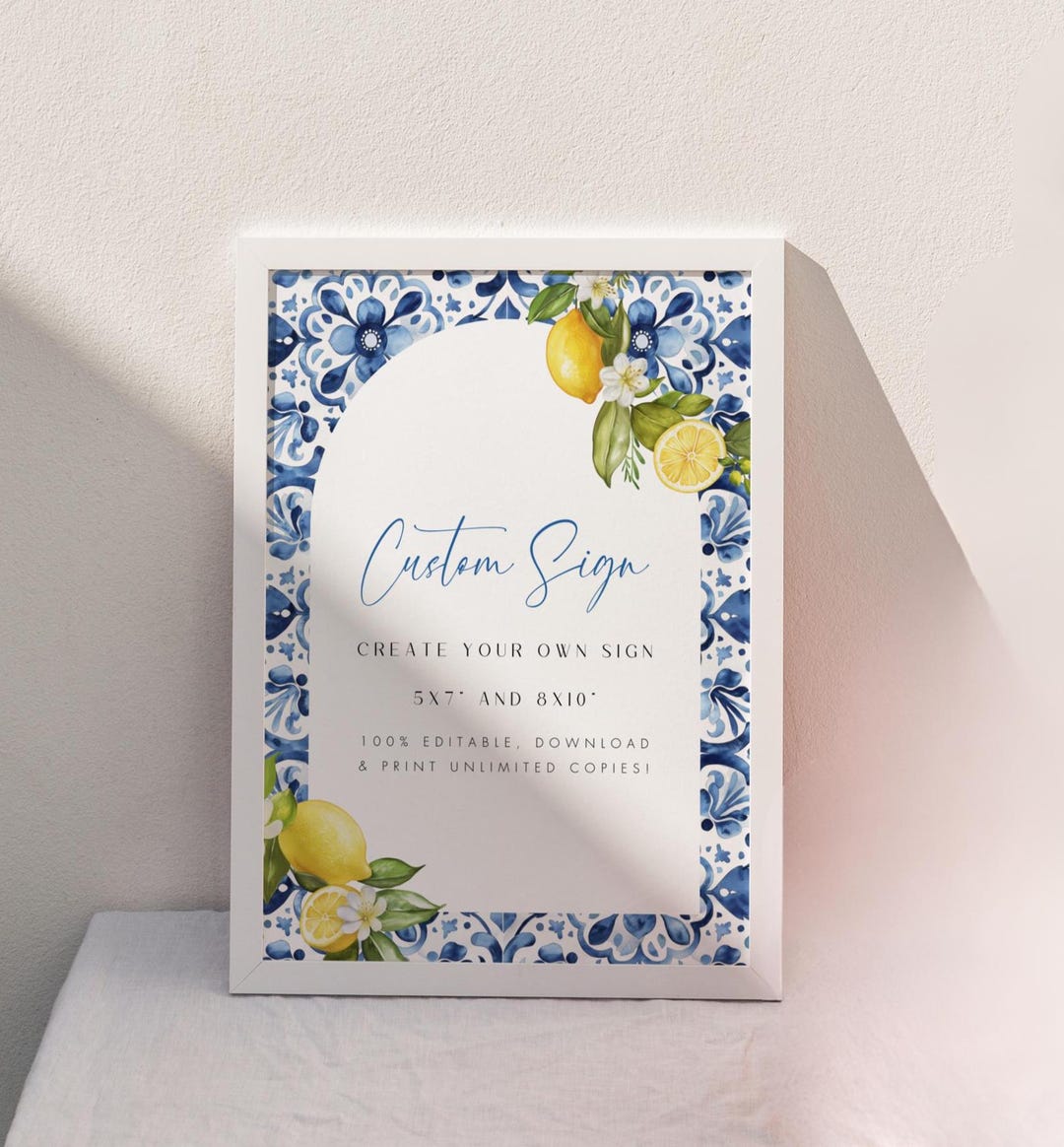 Editable Mediterranean Blue Tile Lemon Custom Sign Template, Amalfi ...