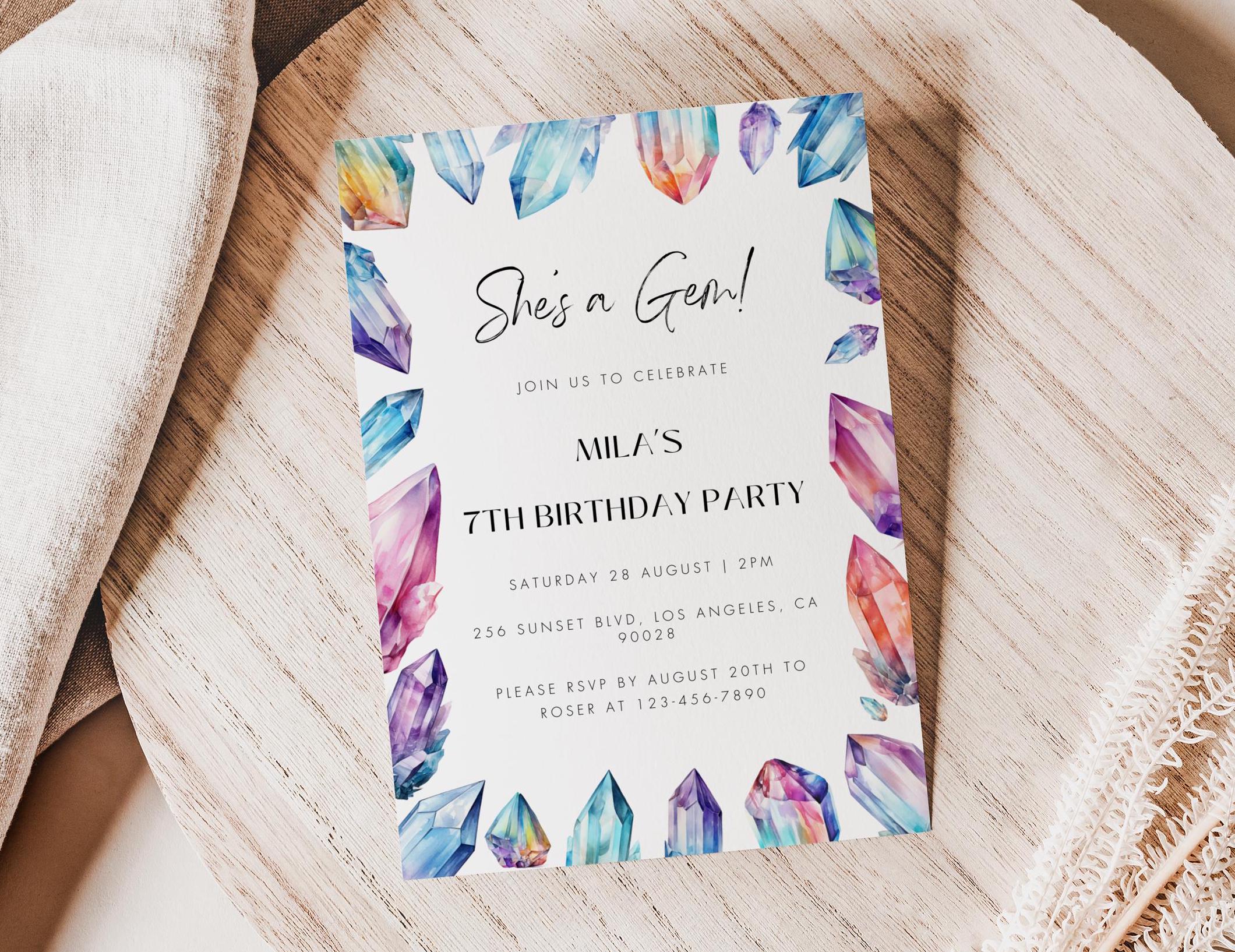 Editable Crystal Geode Gemstone Birthday Invitation, She's a Gem ...