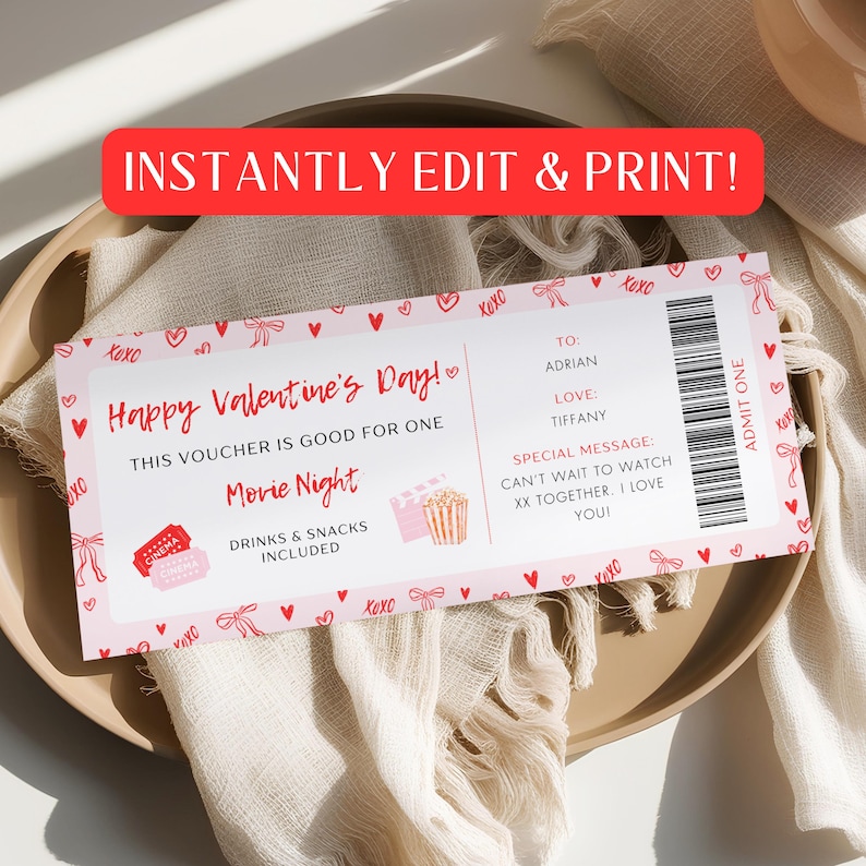 Editable Valentine's Day Ticket, Printable Valentine Coupon, Valentine ...